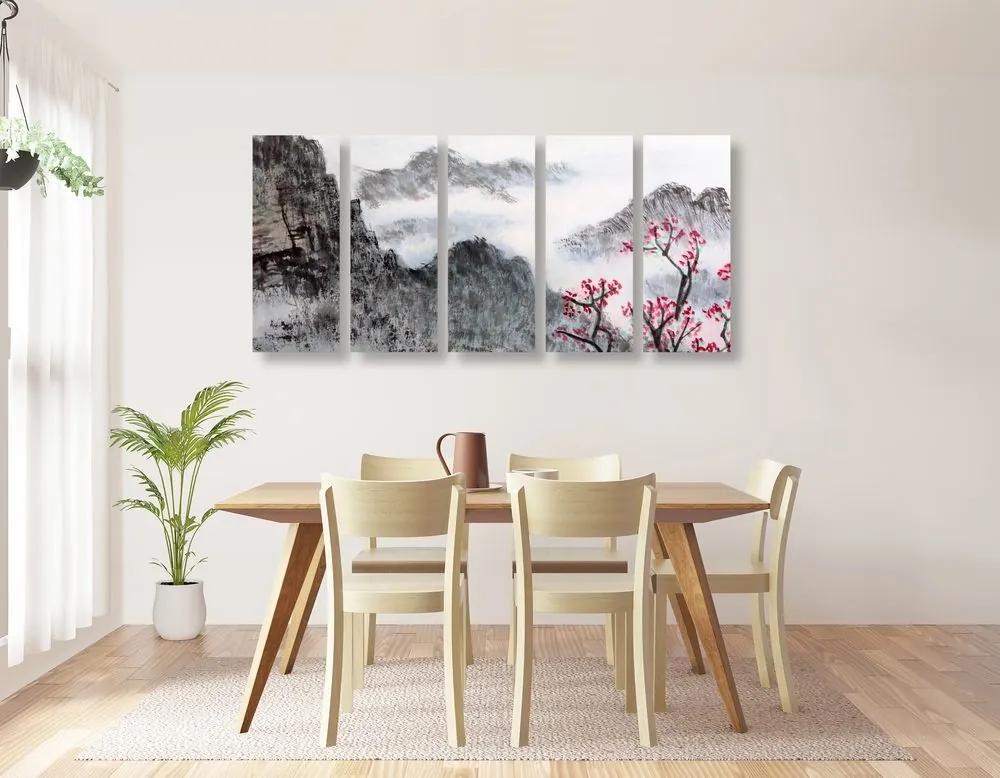 5-dílný obraz čínská krajina v mlze - 200x100 cm