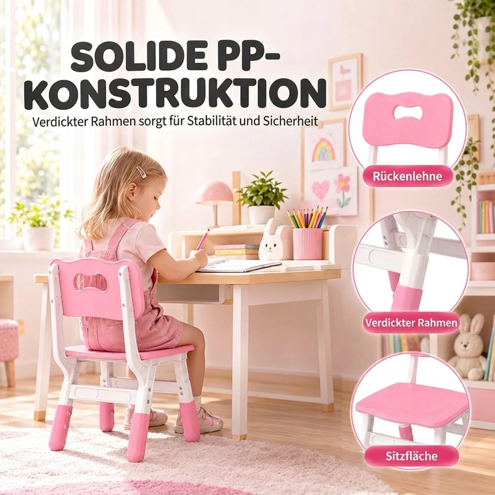 AIYAPLAY dětská židle k psacímu stolu, 2kusová sada, výškově nastavitelná 26-30 cm, ergonomické opěradlo, bez područek pro 1,5–8 let, růžová