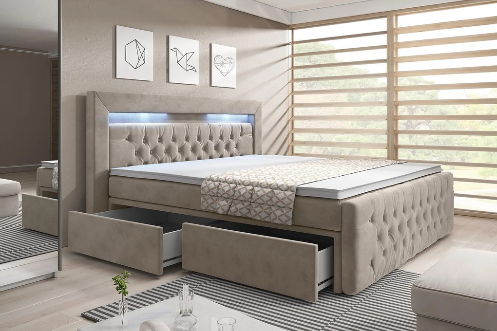 K&M postele Boxspring postel SERA s úložným prostorem (4 šuplíky) a LED Velikost postele: 140 × 200 cm, Výběr matrace: Taštičková zónová matrace - mě…