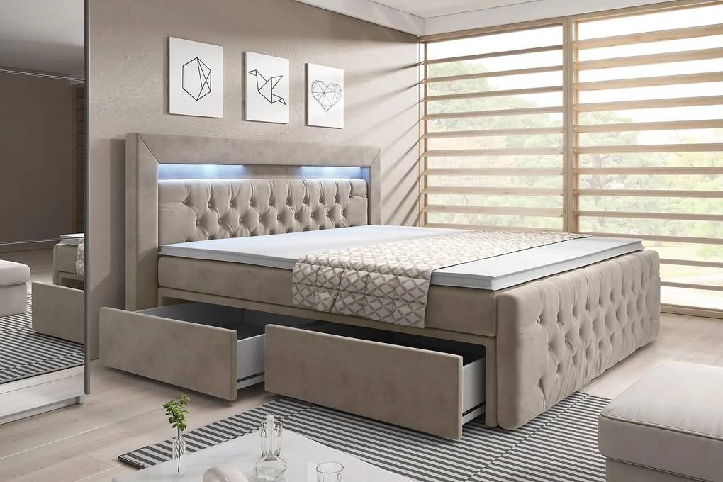 K&M postele Boxspring postel SERA s úložným prostorem (4 šuplíky) a LED Velikost postele: 160 × 200 cm, Výběr matrace: Taštičková zónová matrace - mě…