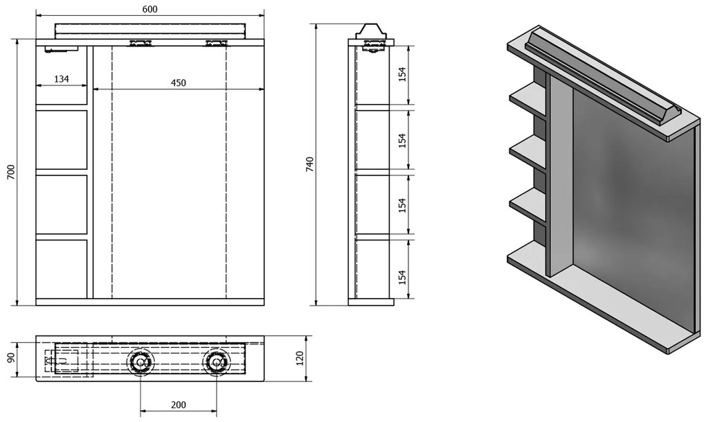 Aqualine KORIN zrcadlo s LED osvětlením, zásuvkou a policemi 60x70x12cm - KO377