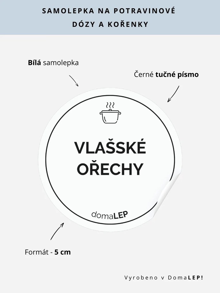 VLAŠSKÉ OŘECHY – bílá samolepka na dózu, tučné písmo, 5 cm | DomaLEP