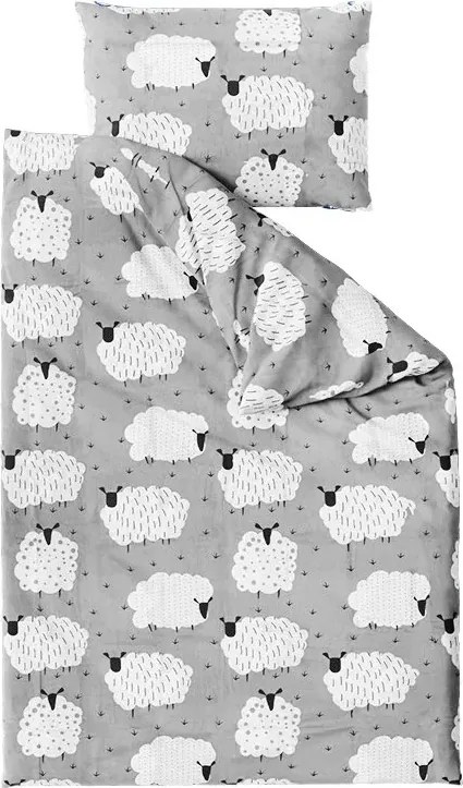 Sada krepového povlečení WHITE SHEEPS POLY šedé + prostěradlo Jersey 90 x 200 cm šedé, jednolůžko