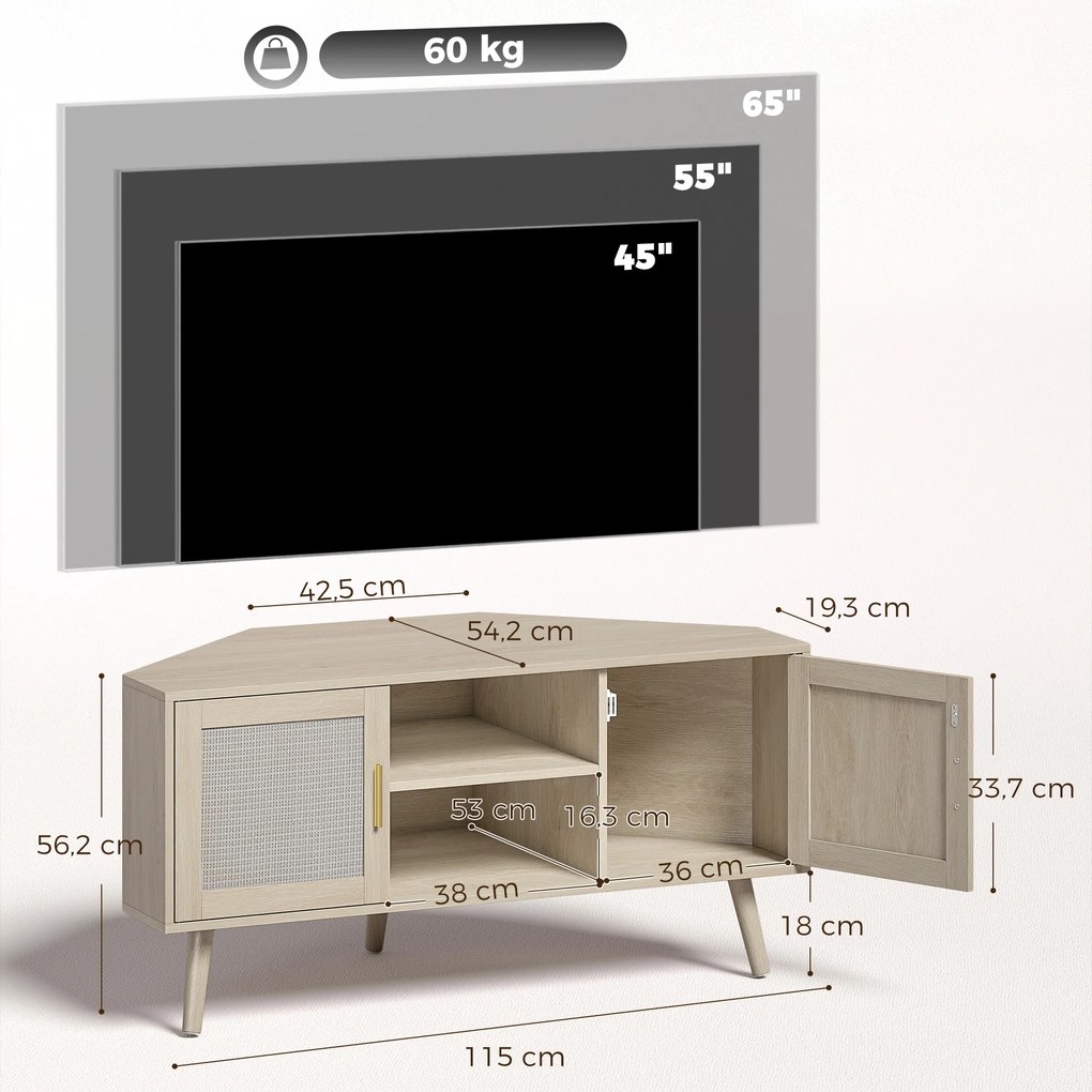 HOMCOM rohový televizní nábytek 115 cm, nábytek pod televizi pro televize až 65 palců, 2 ratanové dveře, 2 přihrádky, dub