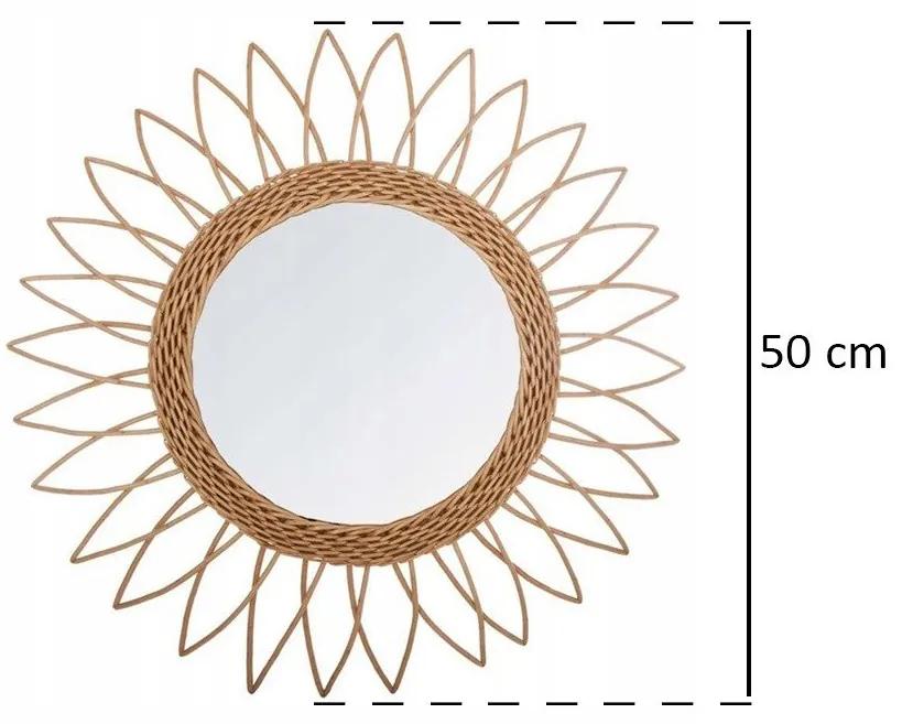 Zrcadlo v kulatém rámu zavěšné z přírodního ratanu ve tvaru značky Sun Atmosphera