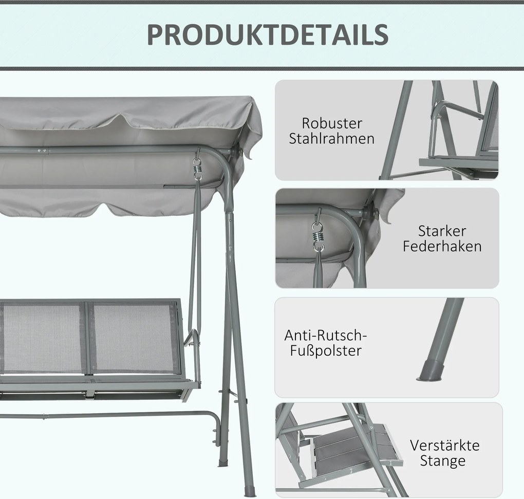 Outsunny Hollywood swing 3místná zahradní houpačka se stříškou, kovová šedostříbrná, 170x110x153 cm, ideální lehátko na zahradu a terasu | Aosom.de