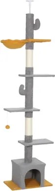 PawHut škrabadlo, výška 275 cm, 6 úrovní pro domácí kočky, od podlahy po strop, s platformami a domečkem, světle šedá