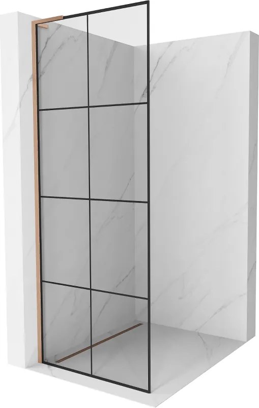 Mexen Kioto L, sprchová zástěna Walk-In 90 x 200 cm, 8mm čiré sklo černý vzor, ​​měděný matný profil, 800-090-103-65-77