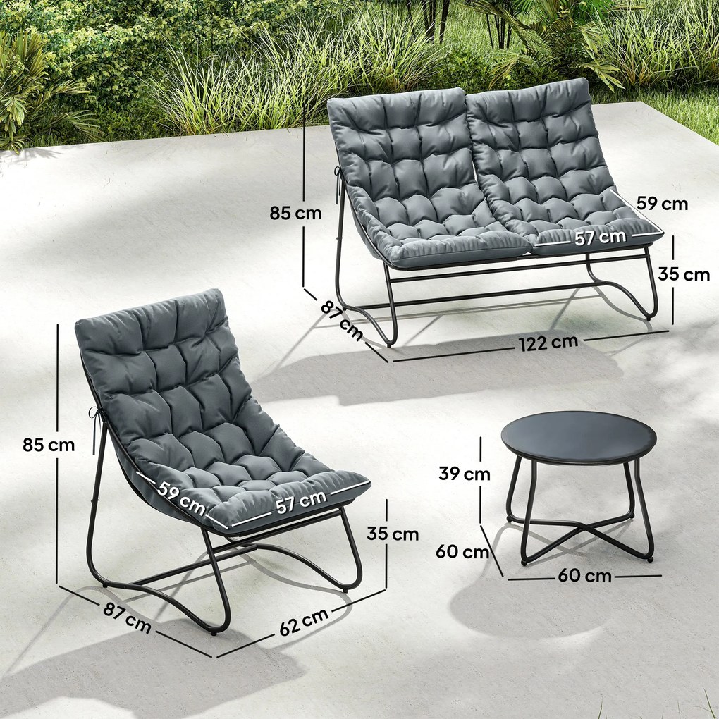 4-Sitzer Gartenmöbel-Set, 2 Stühle, 1 Doppel-Sofa, 1 Tisch, dicke Kissen, Stahlrahmen, für Terrasse, Grau