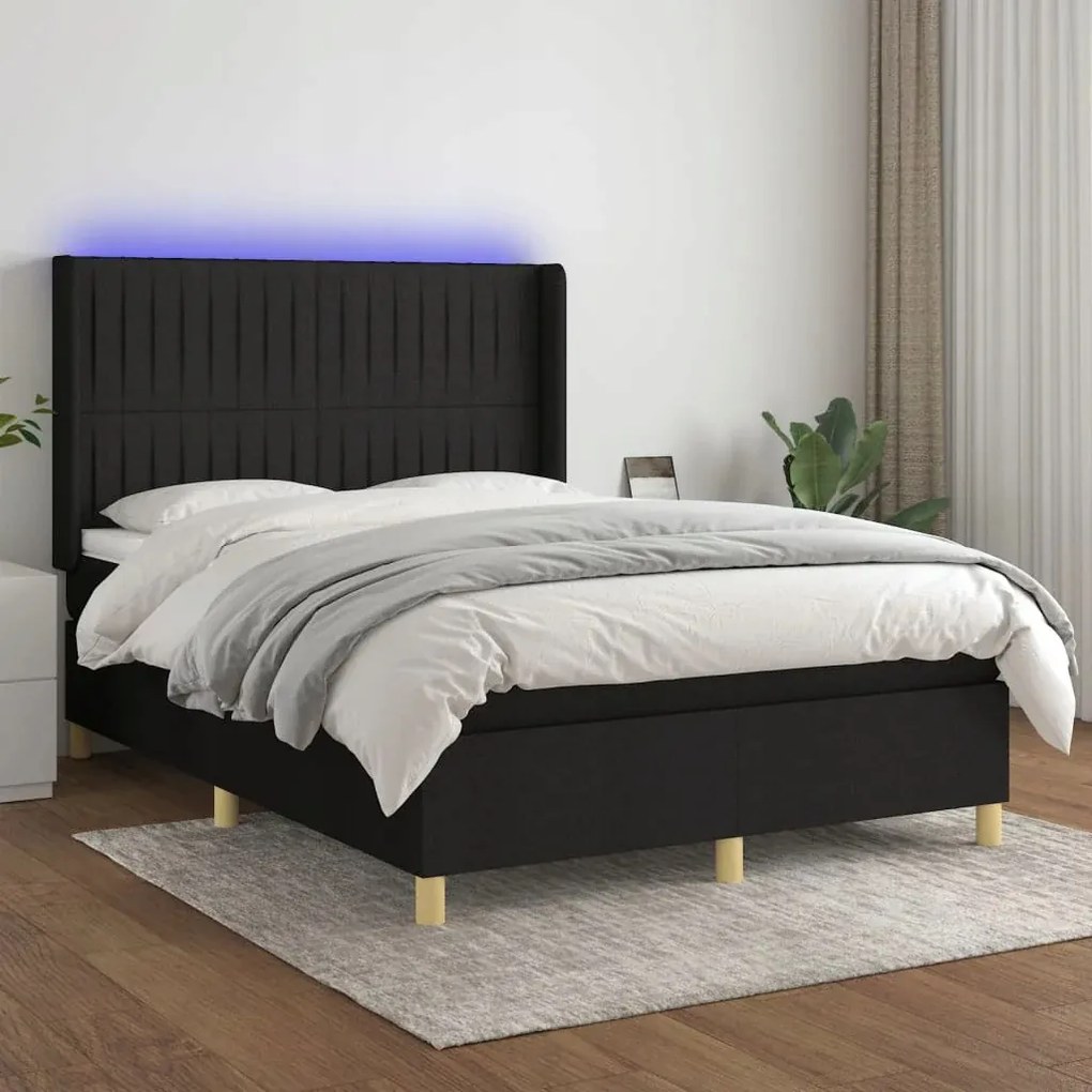 Box Spring Postel S Matrací A Led Černá Textil Černá Svislé pruhy 140 x 2