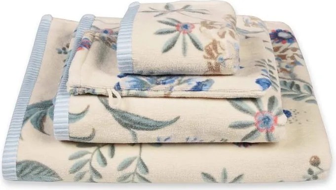 Pip Studio ručníky z bavlněného froté Secret Garden, bílo-modré (Luxusní ručníky z bavlněného froté v designu Secret Garden v bílo-modré barvě)