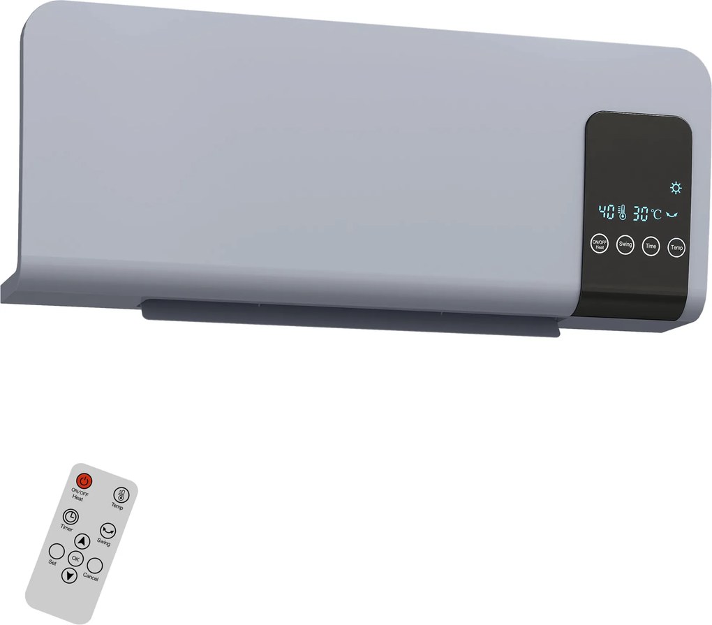 HOMCOM Elektrické topení, nástěnná montáž, oscilační funkce, 2 režimy, časovač, LED displej, šedá