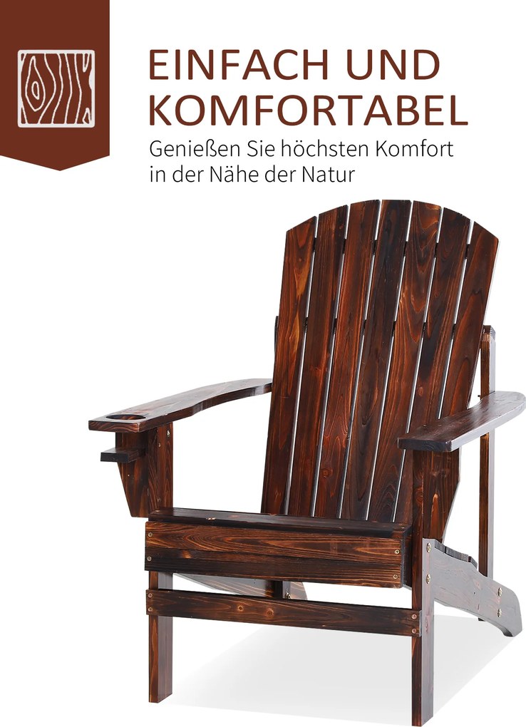 Zahradní židle Adirondack s držákem na kelímek Zahradní lehátko Balkonová židle z masivního dřeva Charred 72 x 95 x 93 cm