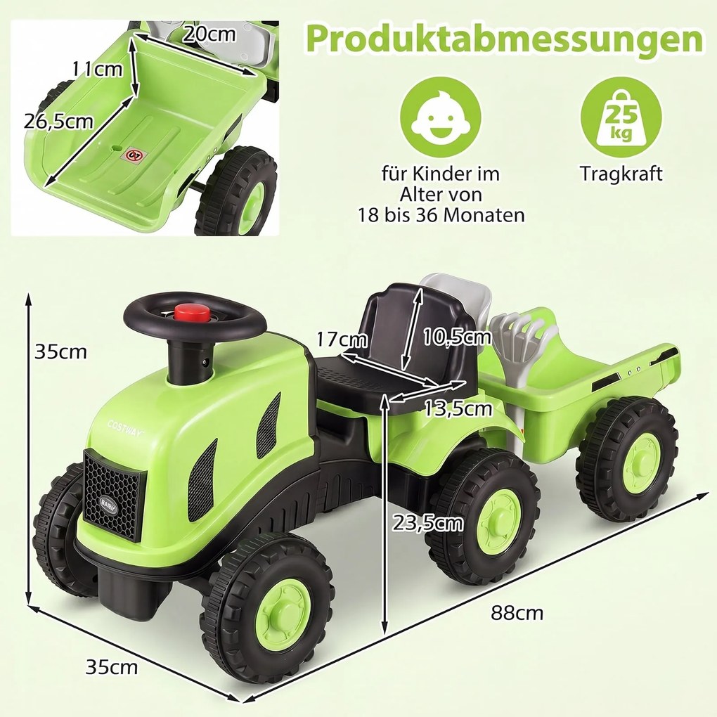 Costway Dětský traktor s přívěsem, klaksonem a ergonomickou