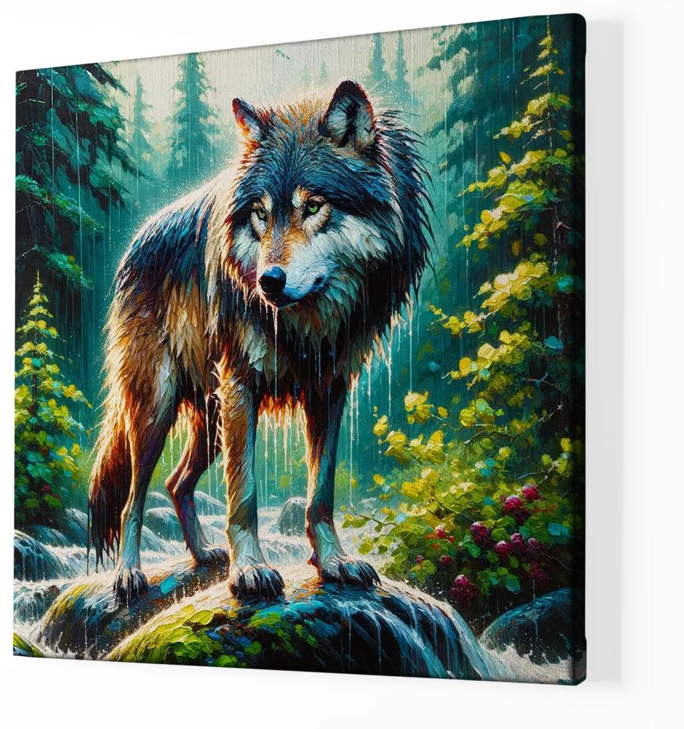 Obraz na plátně - Vlk v deštivém lese FeelHappy.cz Velikost obrazu: 120 x 120 cm