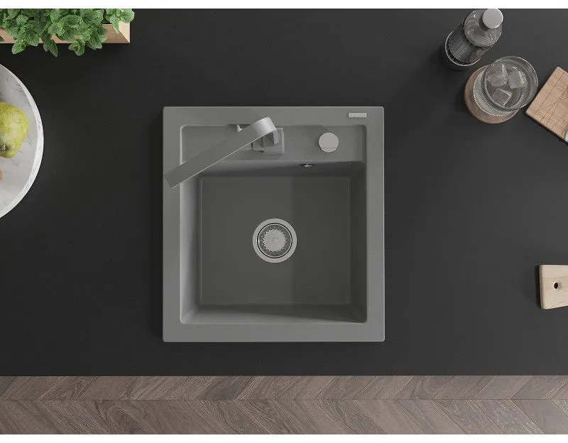 Mexen Vito, 1-komorový granitový dřez 520x490x210 mm, šedá baterie Rita, šedá, 6503-71-670300-71