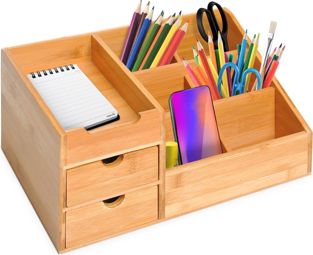 HOMCOM Organizér na stůl s úložným boxem 2 zásuvky Přírodní L33 x Š20.5 x V15.5 cm | Aosom