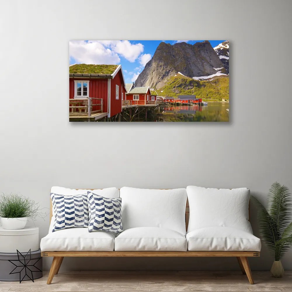 Obraz na plátně Domy Jezero Hory Krajina 100x50 cm