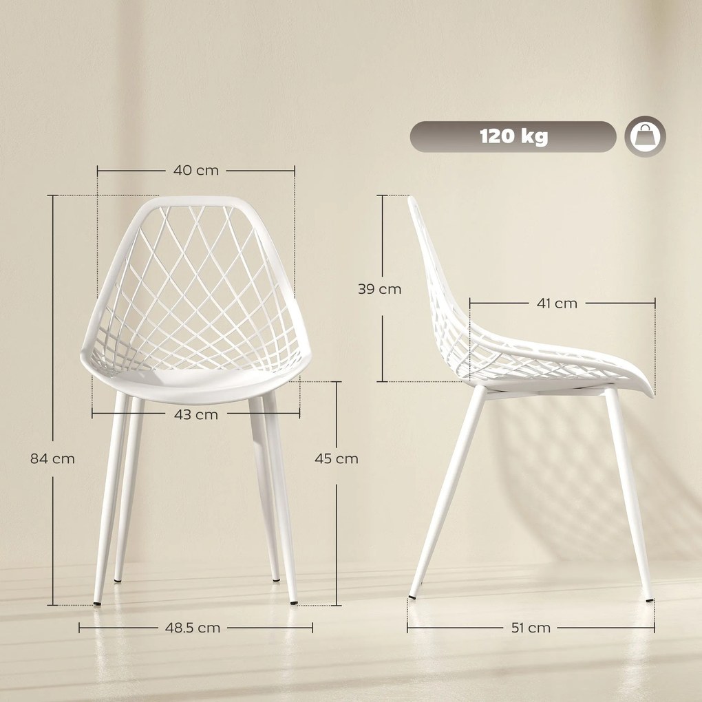 HOMCOM Sada 4 jídelních židlí s moderním designem, kuchyňské židle s zakřiveným perforovaným opěradlem a kovovými nohami, plastové židle do kuchyně, …