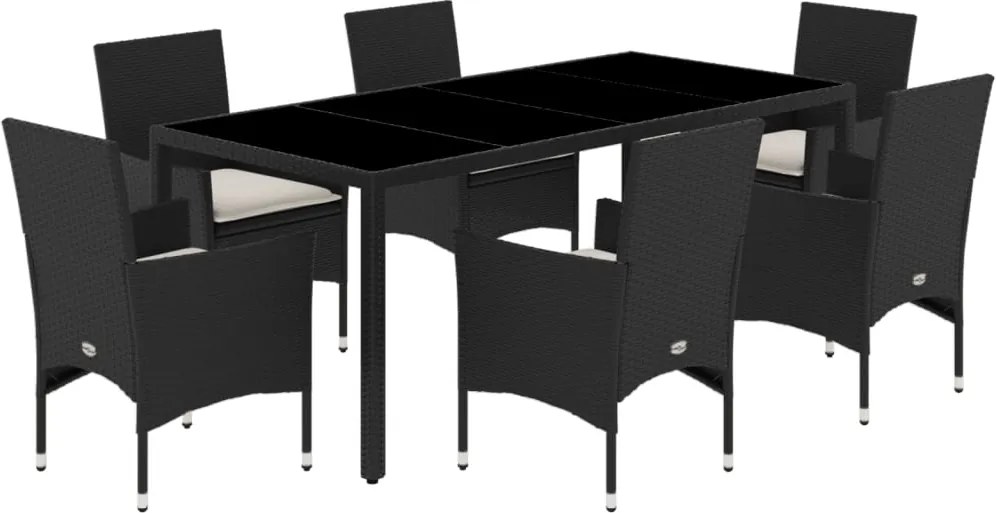 7dílný zahradní jídelní set s poduškami černý polyratan a sklo 3278541