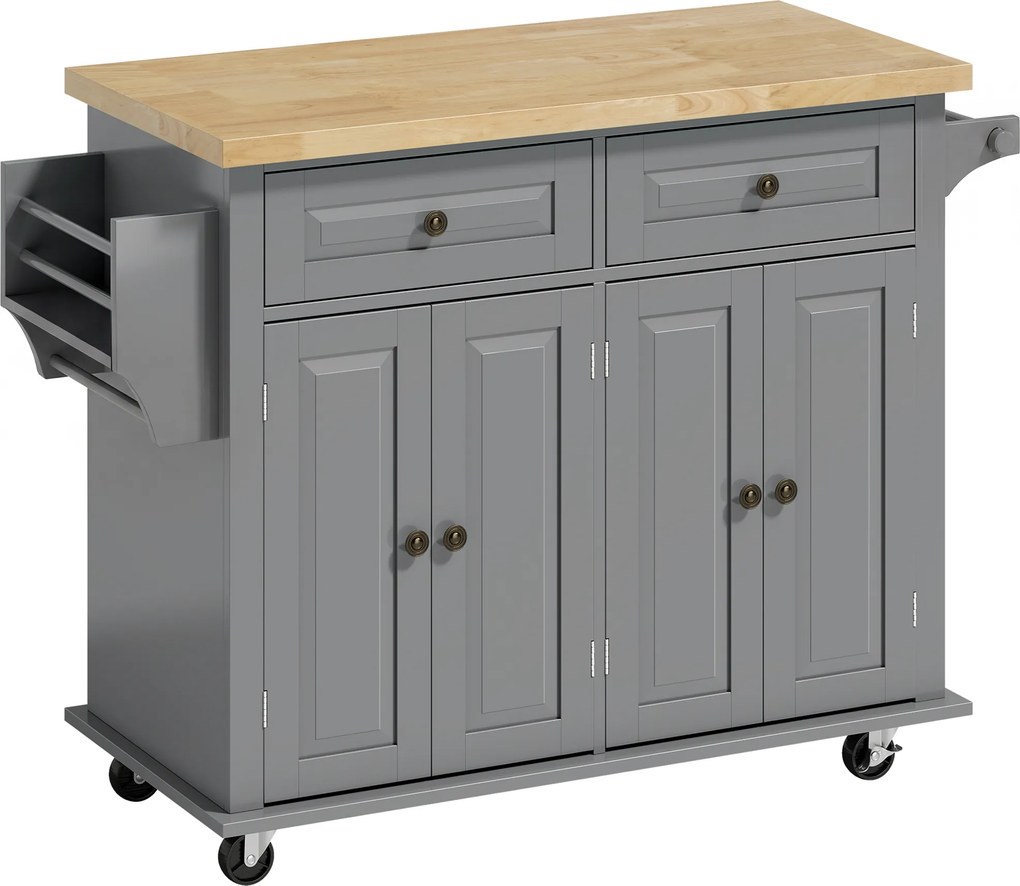 HOMCOM kuchyňský ostrov na kolečkách se zásuvkami, 111 x 44,5 x 82,5 cm, šedý