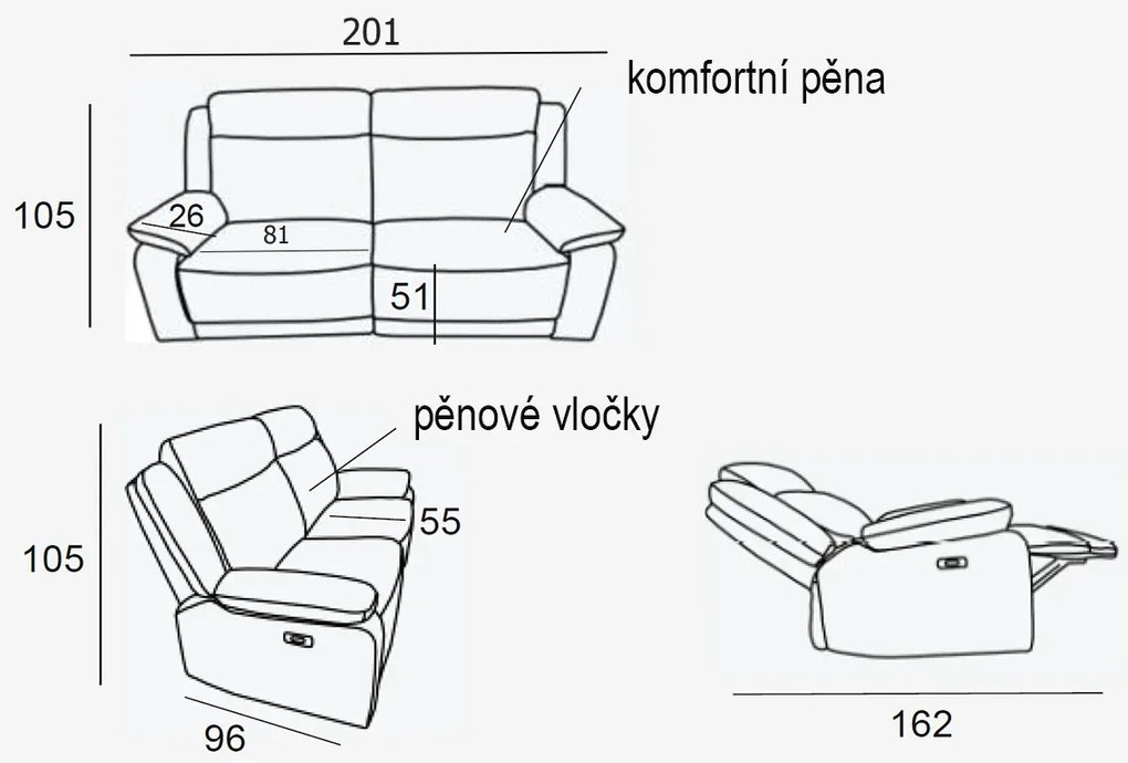 Kožená pohovka CONTINENTAL s elektrickou funkcí relax 3P, elektrické, cappuccino (cappuccino 313)