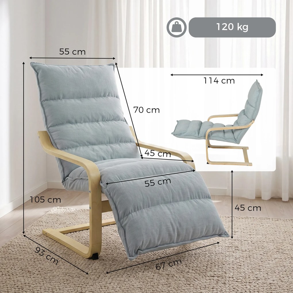 HOMCOM křeslo do obývacího pokoje s nastavitelným podnožkem, sametovým potahem a dřevěným rámem 67x93x105 cm, světle modrá