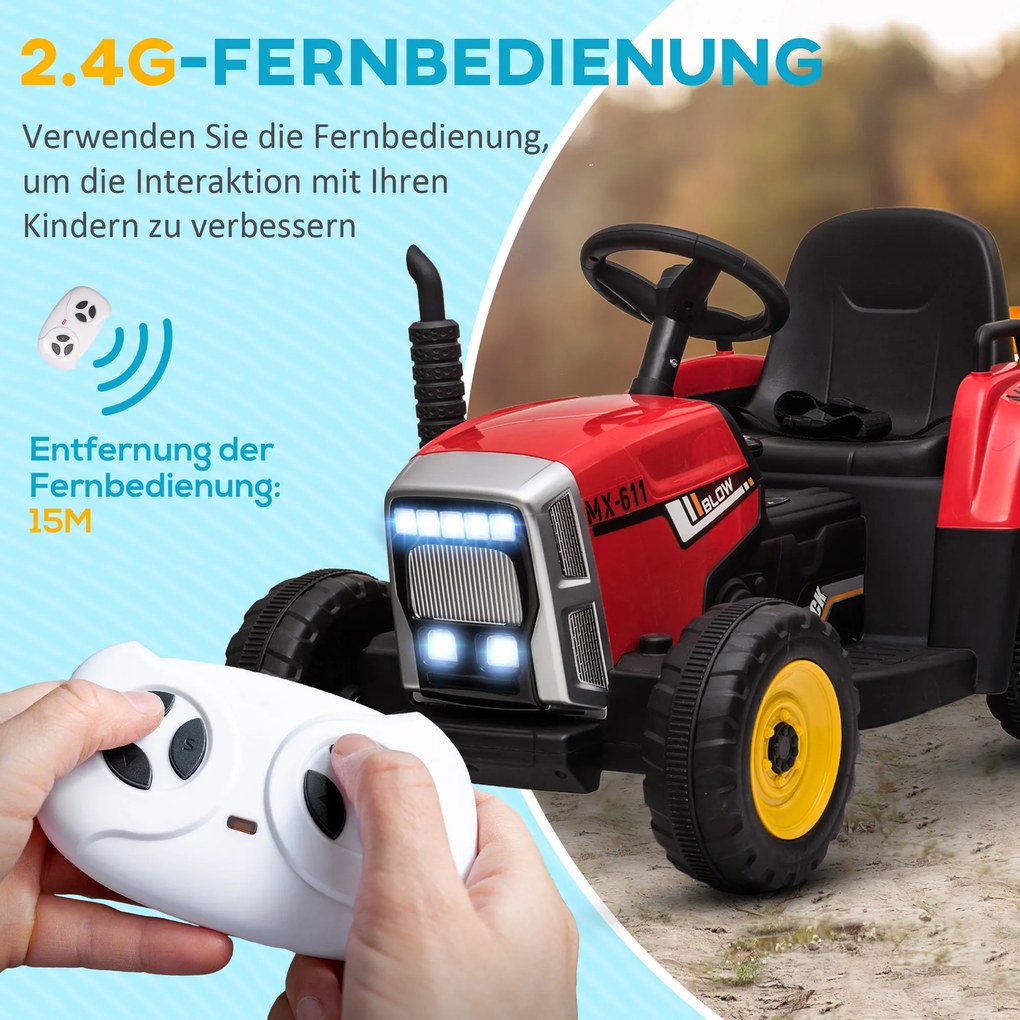 HOMCOM Elektrický tahač Dětské elektrické auto s přívěsem, dálkové ovládání, MP3, světlomety, 3-6KM/H, červené