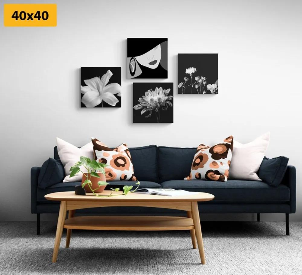 Set obrazů elegance ženy a květin v černobílém provedení - 4x 40x40 cm