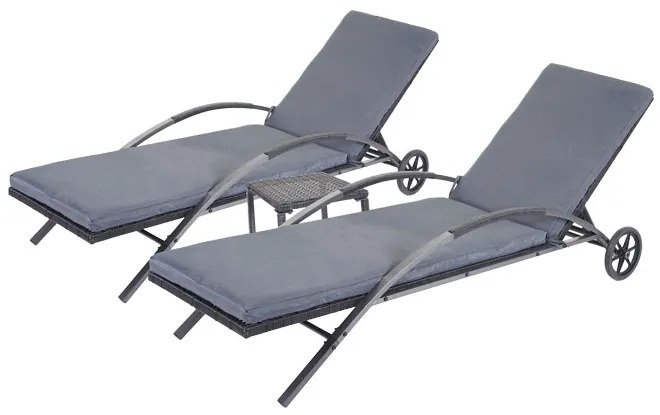 Set 2 zahradních lehátek HWC-E27, černý polyratan, tmavě šedé polštáře