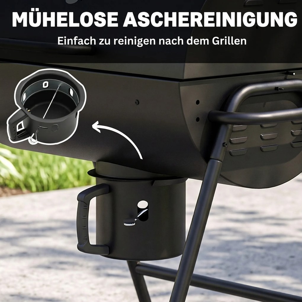 Outsunny Kovový gril na dřevěné uhlí BBQ udírna s víkem Teploměr Kolečka Grilovací vozík 95x71,5x102 cm Černá barva