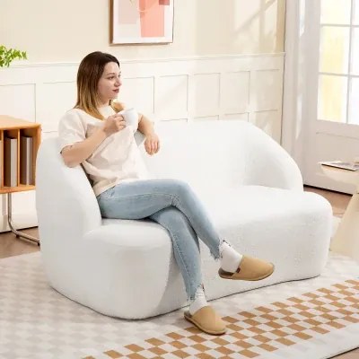 HOMCOM Dvoumístná pohovka, zakřivený design, čalouněná pohovka s fleecovým potahem, pro obývací pokoj, ložnici, domáci kancelář, krémově bílá
