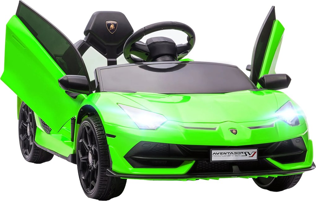 HOMCOM Dětské elektrické auto, Lamborghini Aventador SVJ, 12V s křídly, LED dálkovým ovládáním, hudbou, USB, rychlostí 3-5 km/h, zelené | Aosom