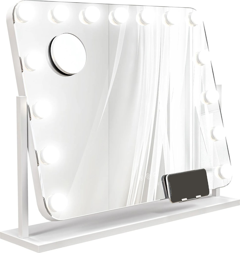 HOMCOM LED kosmetické zrcadlo, 3 světelné režimy, stmívatelné, dotykové ovládání, USB, 62,5 x 49,5 cm, bílé