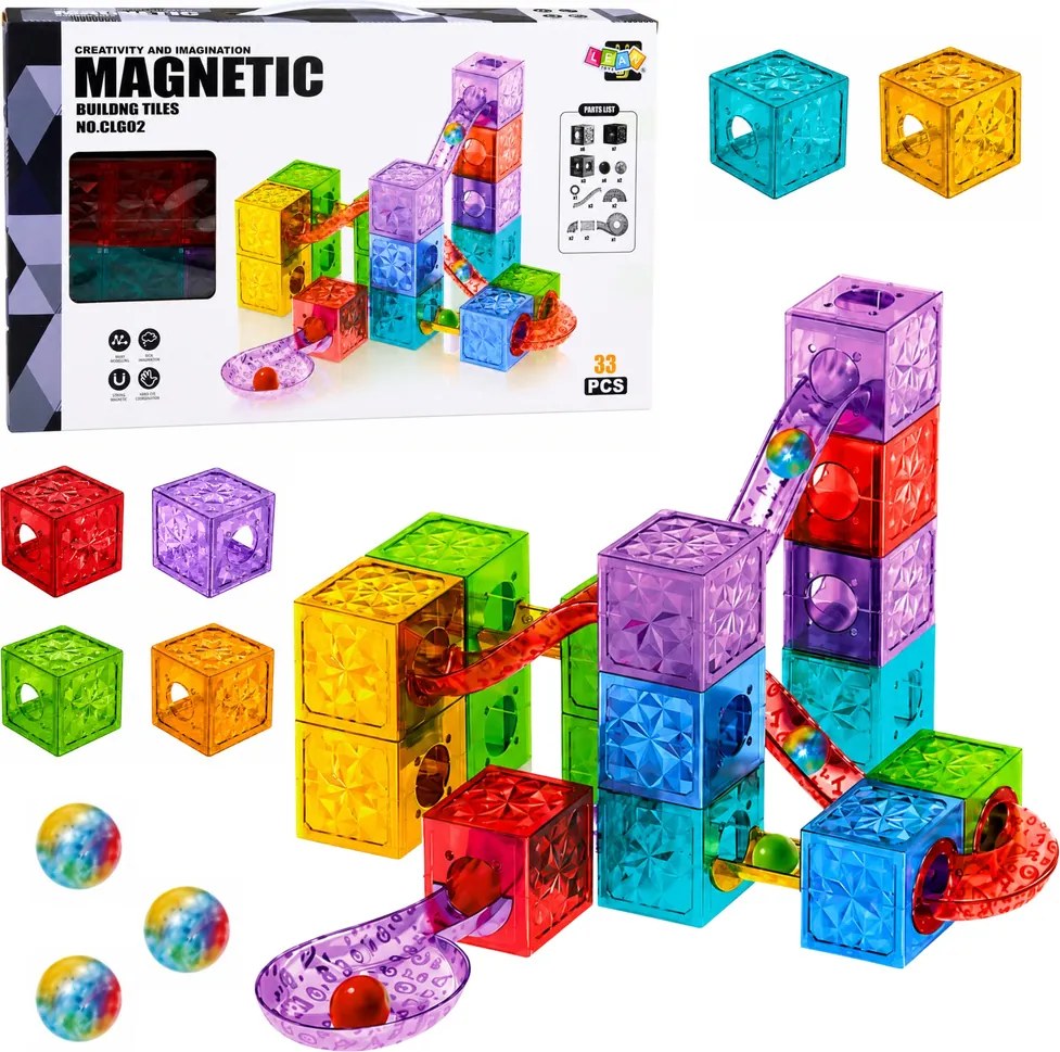 LEAN Toys Magnetické stavební kostky – kostky, kuličková dráha, barevné, 33 ks.