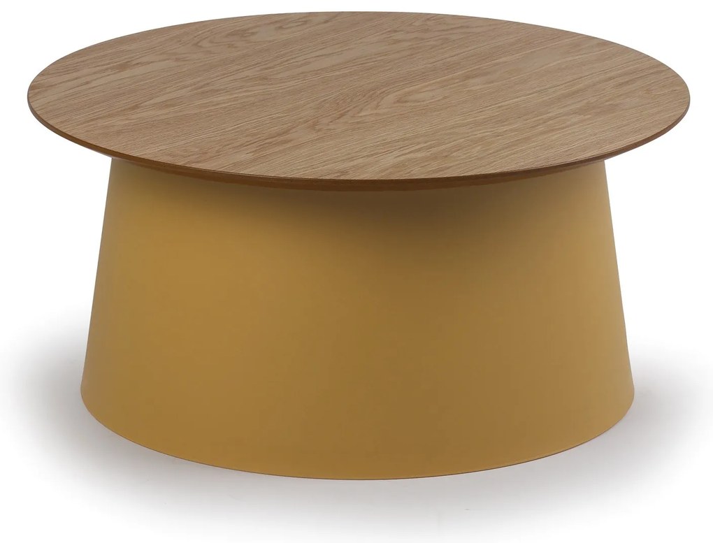 Plastový kávový stolek SETA s dřevěnou deskou, průměr 69 cm, dub/okrová