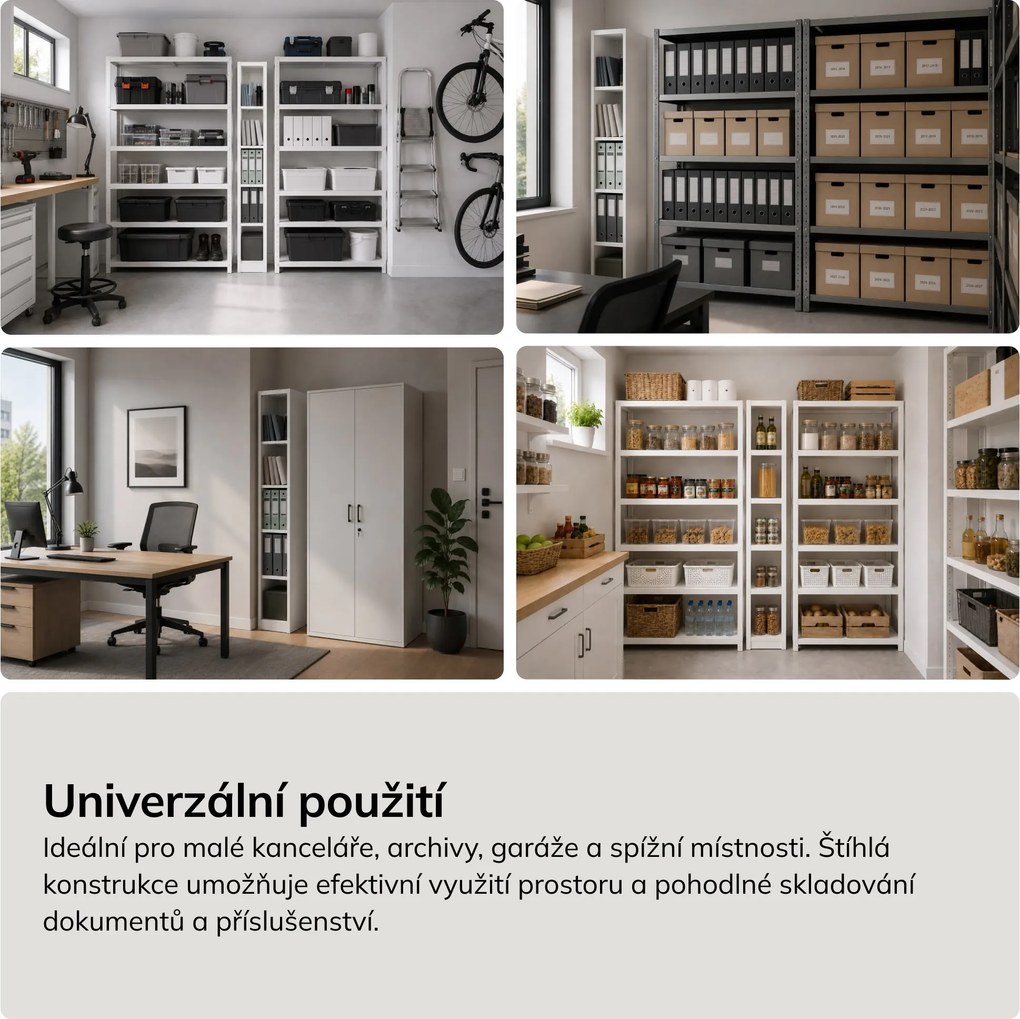 Úzký kovový archivační regál na dokumenty bílý, 250x1850x400 mm: TIM