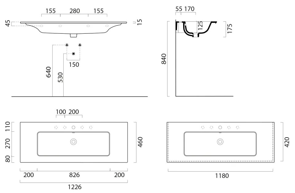 GSI PURA keramické umyvadlo Slim 122x46cm, bez otvoru, černá mat 8887026