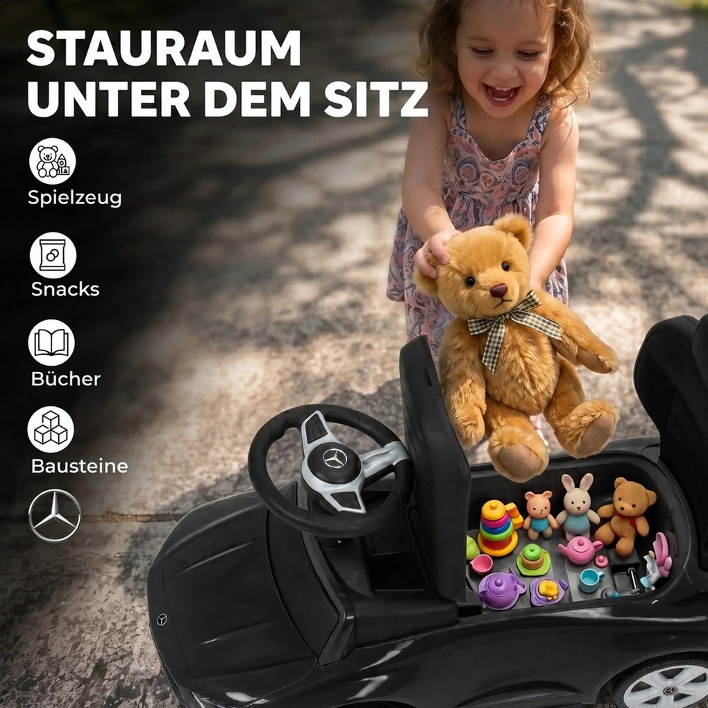 AIYAPLAY 3-v-1 jezdící auto s tlačnou tyčí Mercedes-Benz jezdící vozidlo s volantu, klaksonem, hudbou, střechou, úložným prostorem pod sedadlem, černé