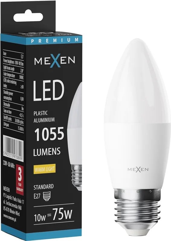 Mexen Nova, LED žárovka E27, C37, 10W, Teplá - 3000K, 1055 lm - L102-E27-1030-01