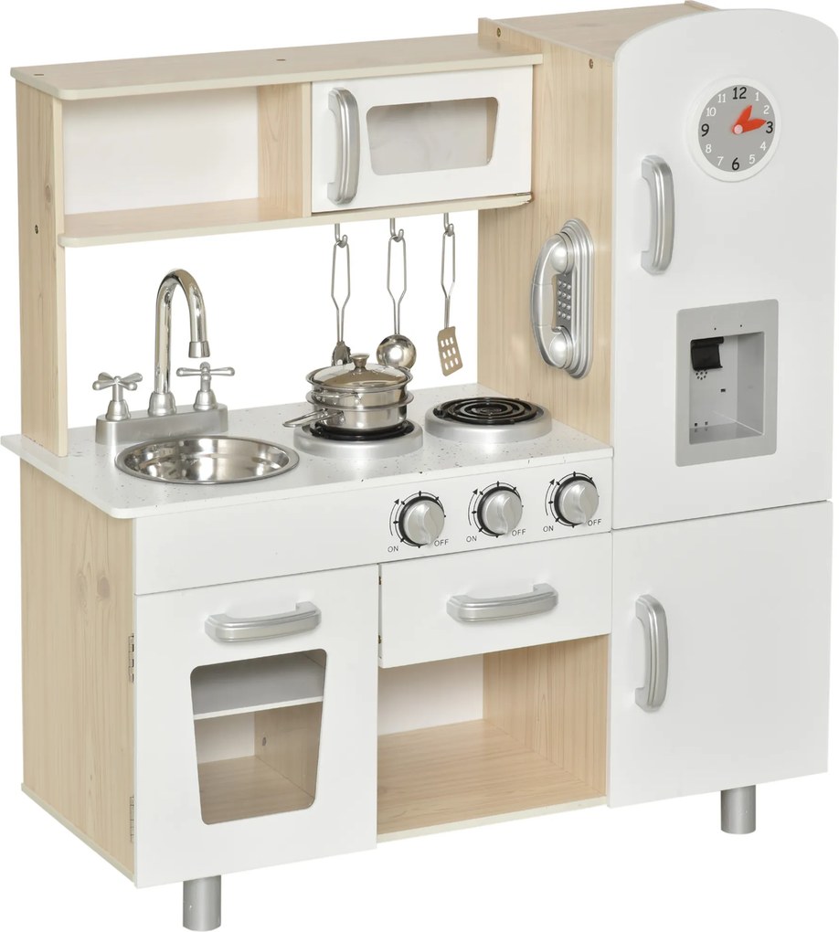 HOMCOM Dětská kuchyňka s příslušenstvím, kuchyňka snů pro děti od 3 let, kuchyňka na hraní z borovice a MDF, bílá, 74 x 30 x 81 cm |