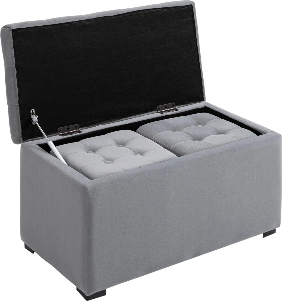 HOMCOM 3dílná sada se storage, 2 x taburety, čalouněná lavice, podnožka, úložný box, opěrka nohou, nosnost do 130 kg, mikrovlákno, pěna, 75 x 40 x 42
