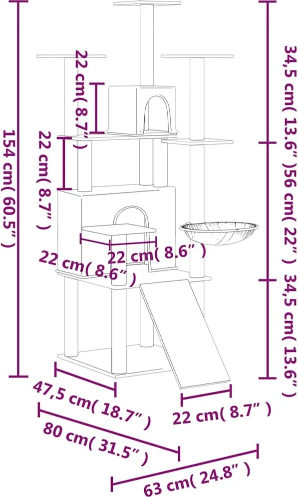 Škrabadlo pro kočky se sisalovými sloupky krémové 154 cm 171690