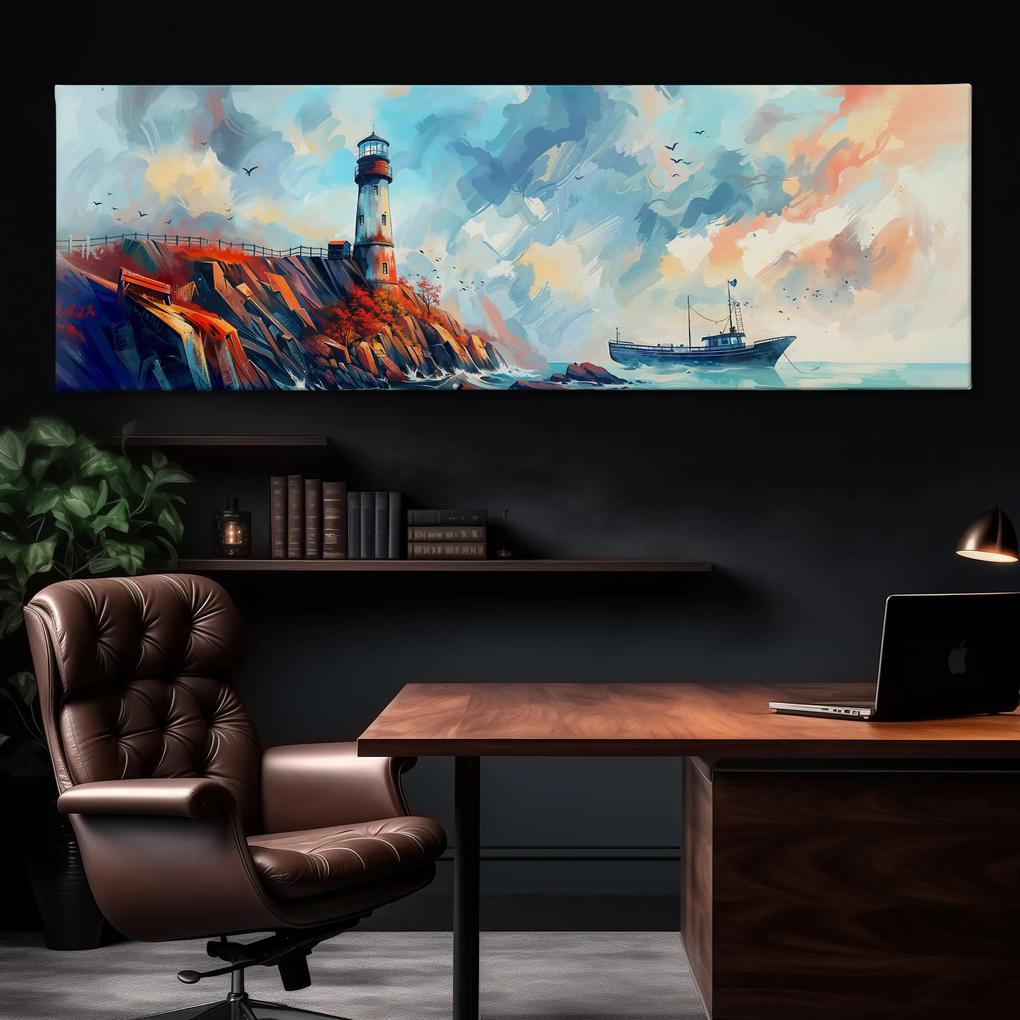 Obraz na plátně - Starý maják a rybářský člun FeelHappy.cz Velikost obrazu: 180 x 60 cm