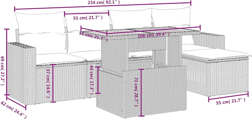 6dílná zahradní sedací souprava s poduškami černá polyratan 3271286