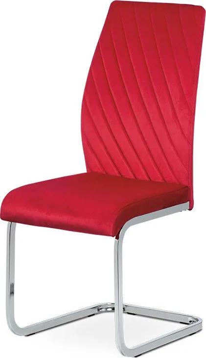 Autronic Jídelní židle, červená sametová látka, kovová pohupová chromovaná podnož DCL-442 RED4