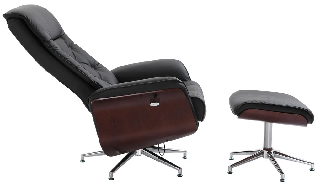 HOMCOM Relaxační křeslo s taburetem Otočné o 360° Naklápěcí o 145° Čalouněné křeslo Chesterfield Potah PU Dřevěné obložení Kovová základna 82x83x110c…