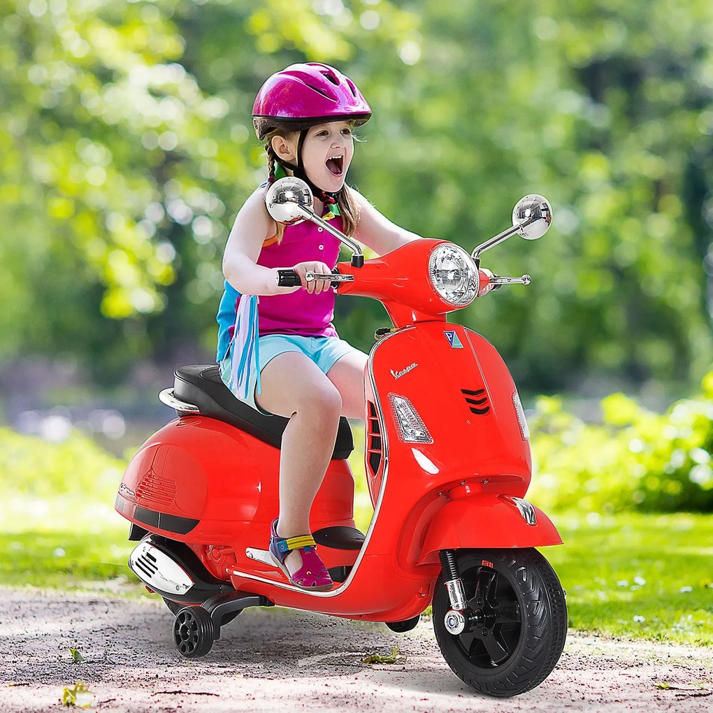 HOMCOM Elektrická Motorka pro Děti 3-6 Let s Licencí VESPA - Akumulátorová Motorka pro Děti s Hudbou, Rychlostí 2-3 km/h a Klaksonem, Nosnost 25 kg, Č