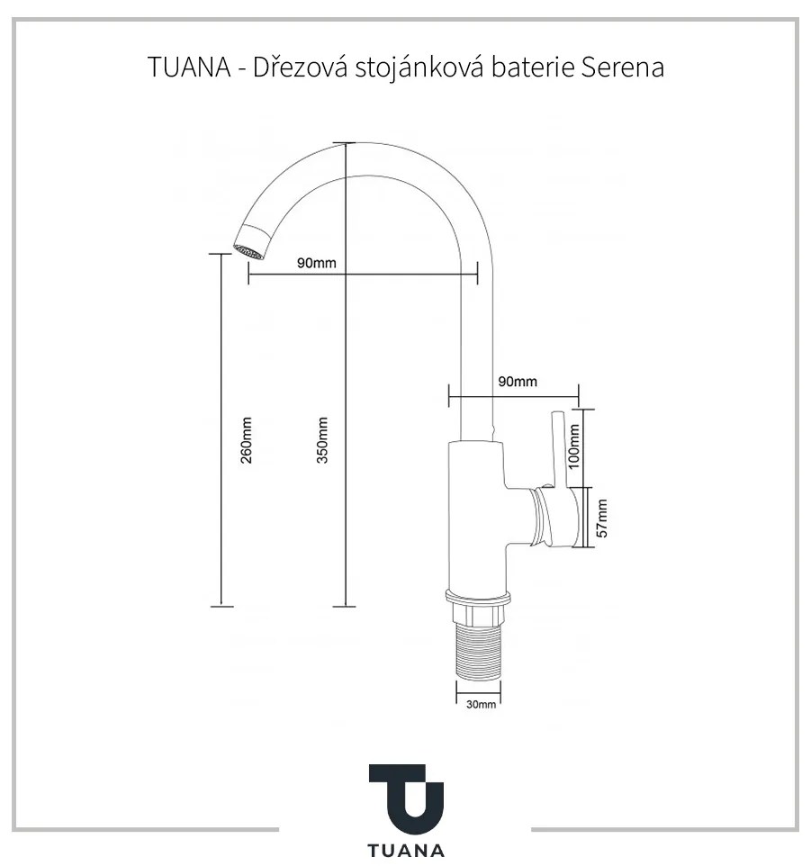 Tuana Serena, dřezová stojánková baterie s otočným ramenem h-350, černá matná, CER-TU-428368