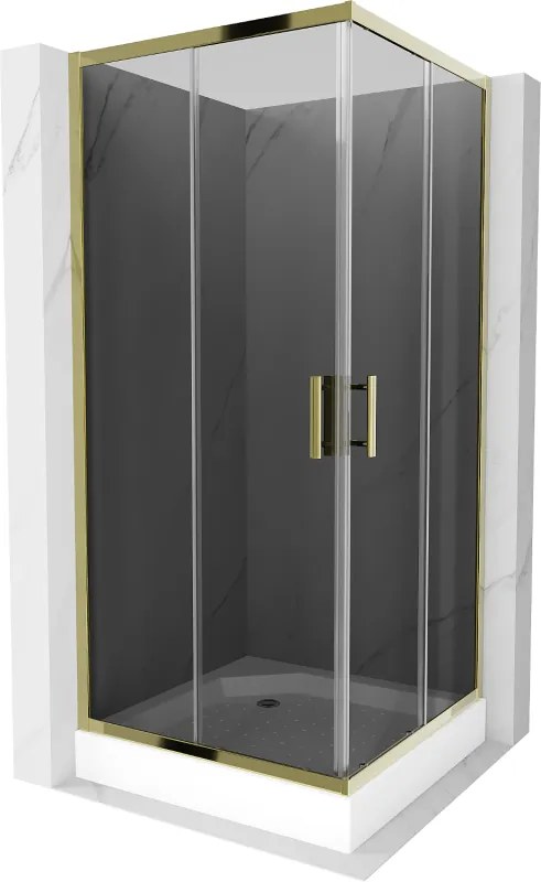 Mexen Rio, čtvercový sprchový kout s posuvnými dveřmi 90 (dveře) x 90 (dveře) x 190 cm, 5mm šedé sklo, zlatý profil + černá sprchová vanička RIO, 860-090-090-50-40-4510